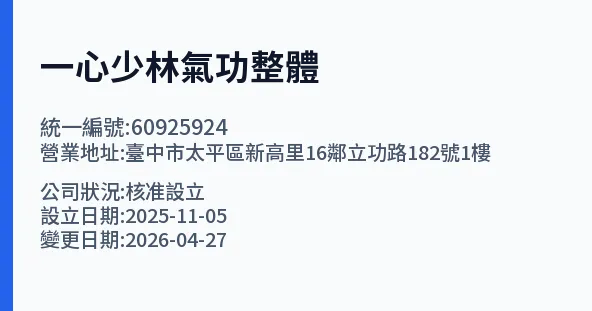 一心少林氣功整體的照片-統編 60925924(臺中市) 公司登記資料與營業項目詳細圖表