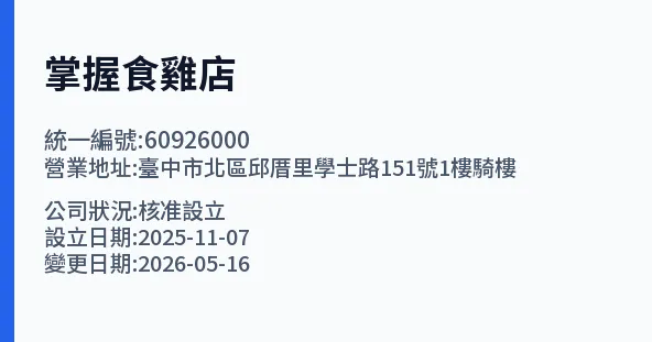 掌握食雞店的照片-統編 60926000(臺中市) 公司登記資料與營業項目詳細圖表