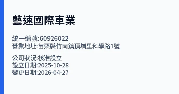 藝速國際車業的照片-統編 60926022(苗栗縣) 公司登記資料與營業項目詳細圖表