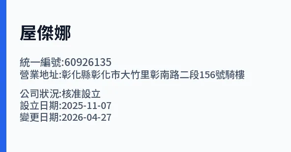 屋傑娜的照片-統編 60926135(彰化縣) 公司登記資料與營業項目詳細圖表