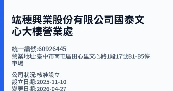 竑穗興業股份有限公司國泰文心大樓營業處的照片-統編 60926445(臺中市) 公司登記資料與營業項目詳細圖表