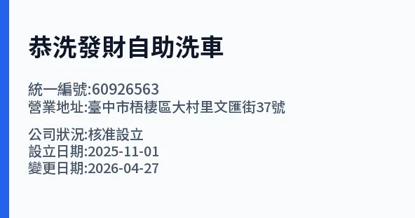恭洗發財自助洗車的照片-統編 60926563(臺中市) 公司登記資料與營業項目詳細圖表