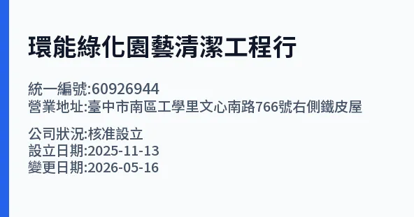 環能綠化園藝清潔工程行的照片-統編 60926944(臺中市) 公司登記資料與營業項目詳細圖表