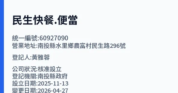 民生快餐.便當的照片-統編 60927090(南投縣) 公司登記資料與營業項目詳細圖表