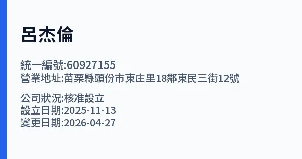呂杰倫的照片-統編 60927155(苗栗縣) 公司登記資料與營業項目詳細圖表