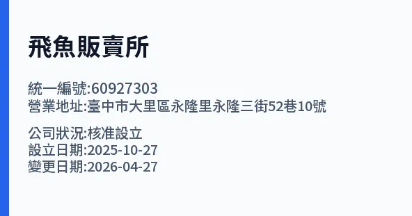飛魚販賣所的照片-統編 60927303(臺中市) 公司登記資料與營業項目詳細圖表
