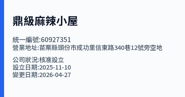鼎級麻辣小屋的照片-統編 60927351(苗栗縣) 公司登記資料與營業項目詳細圖表