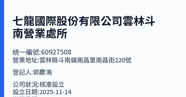 七龍國際股份有限公司雲林斗南營業處所的照片-統編 60927508(雲林縣) 公司登記資料與營業項目詳細圖表