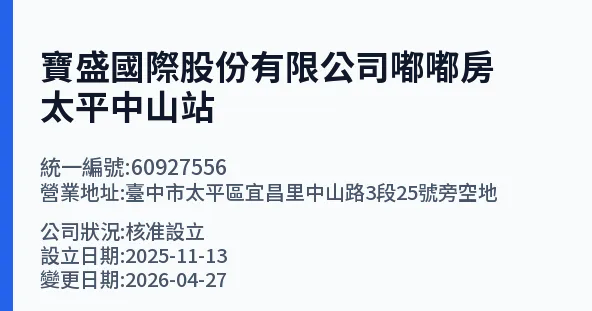 寶盛國際股份有限公司嘟嘟房太平中山站的照片-統編 60927556(臺中市) 公司登記資料與營業項目詳細圖表