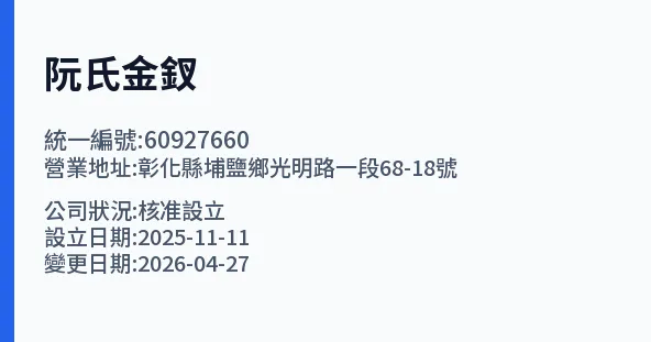 阮氏金釵的照片-統編 60927660(彰化縣) 公司登記資料與營業項目詳細圖表