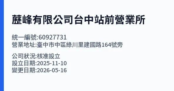 藶峰有限公司台中站前營業所的照片-統編 60927731(臺中市) 公司登記資料與營業項目詳細圖表