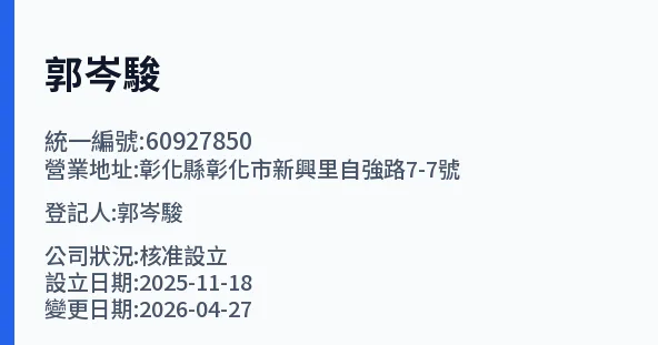 郭岑駿的照片-統編 60927850(彰化縣) 公司登記資料與營業項目詳細圖表