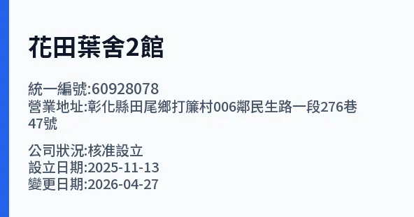 花田葉舍2館的照片-統編 60928078(彰化縣) 公司登記資料與營業項目詳細圖表