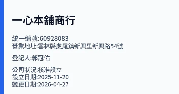 一心本舖商行的照片-統編 60928083(雲林縣) 公司登記資料與營業項目詳細圖表