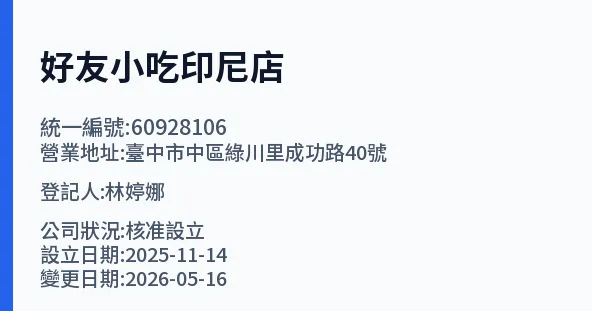 好友小吃印尼店的照片-統編 60928106(臺中市) 公司登記資料與營業項目詳細圖表