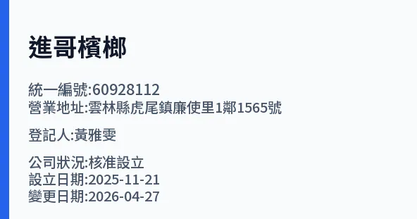 進哥檳榔的照片-統編 60928112(雲林縣) 公司登記資料與營業項目詳細圖表