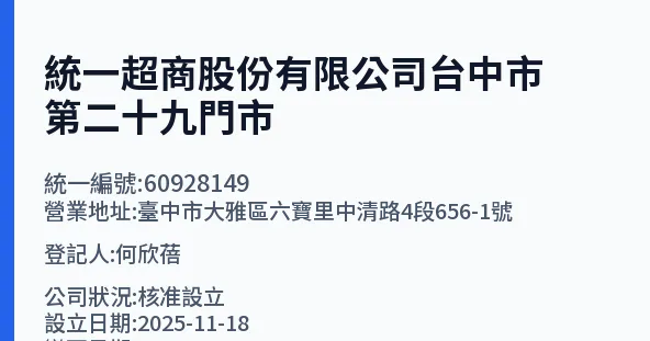 統一超商股份有限公司台中市第二十九門市的照片-統編 60928149(臺中市) 公司登記資料與營業項目詳細圖表