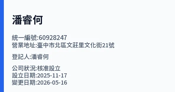 潘睿何的照片-統編 60928247(臺中市) 公司登記資料與營業項目詳細圖表
