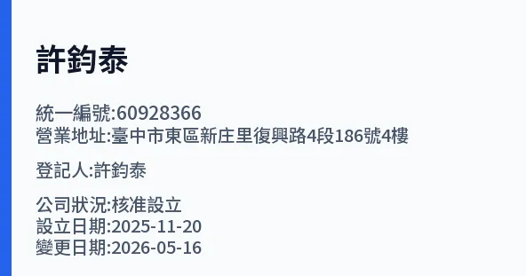 許鈞泰的照片-統編 60928366(臺中市) 公司登記資料與營業項目詳細圖表