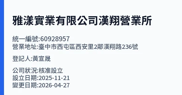 雅漾實業有限公司漢翔營業所的照片-統編 60928957(臺中市) 公司登記資料與營業項目詳細圖表