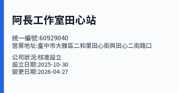 阿長工作室田心站的照片-統編 60929040(臺中市) 公司登記資料與營業項目詳細圖表