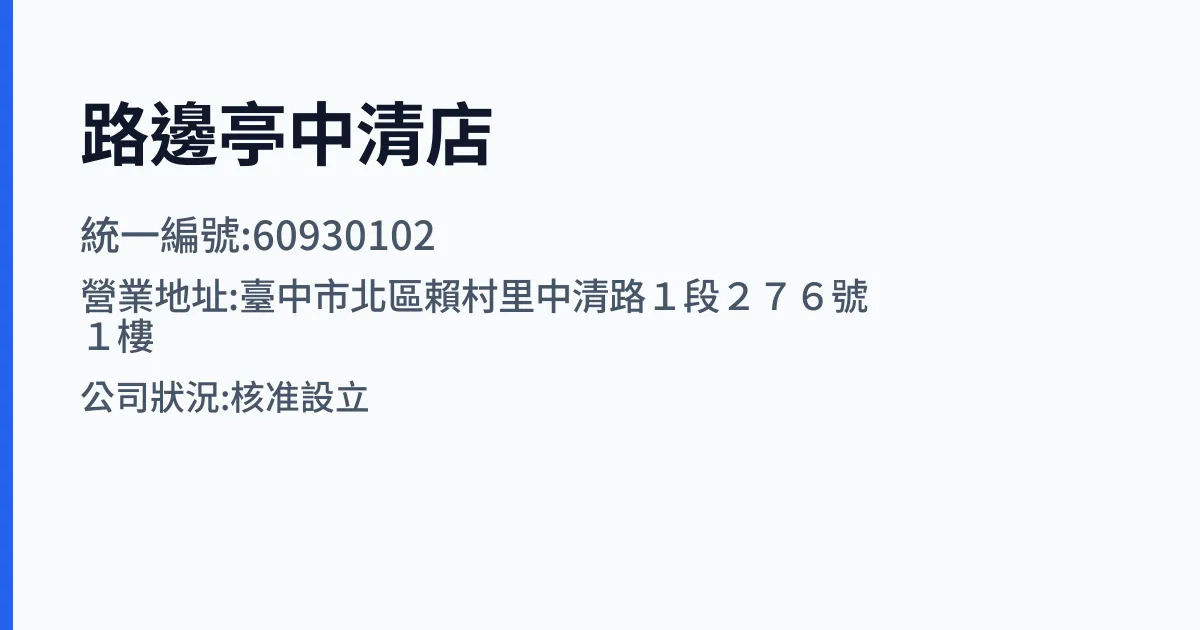 路邊亭中清店 - 統編 60930102(臺中市) 公司登記資料與營業項目詳細圖表