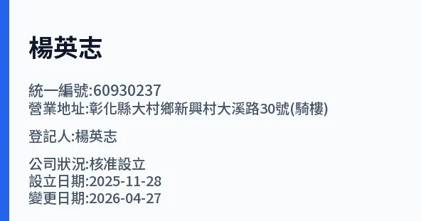 楊英志的照片-統編 60930237(彰化縣) 公司登記資料與營業項目詳細圖表