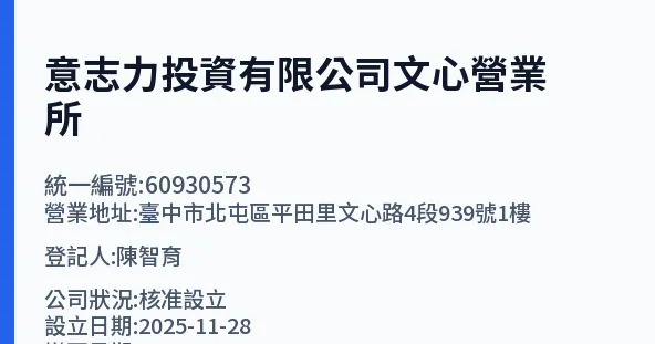 意志力投資有限公司文心營業所的照片-統編 60930573(臺中市) 公司登記資料與營業項目詳細圖表