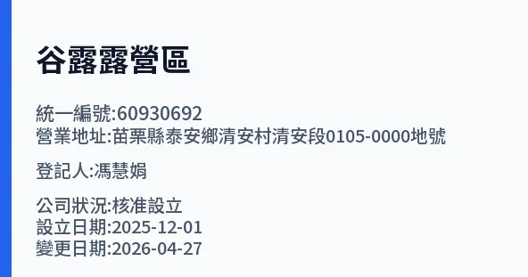 谷露露營區的照片-統編 60930692(苗栗縣) 公司登記資料與營業項目詳細圖表