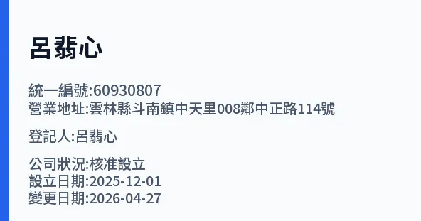 呂翡心的照片-統編 60930807(雲林縣) 公司登記資料與營業項目詳細圖表