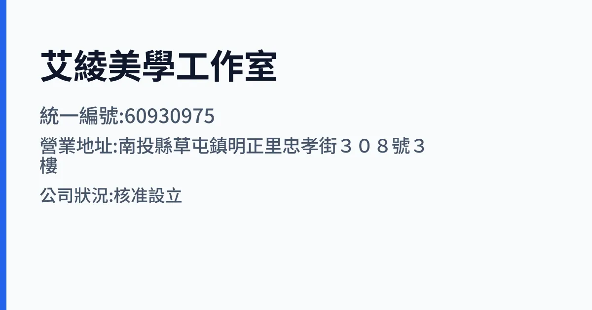 艾綾美學工作室 - 統編 60930975(南投縣) 公司登記資料與營業項目詳細圖表