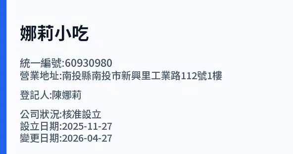 娜莉小吃的照片-統編 60930980(南投縣) 公司登記資料與營業項目詳細圖表