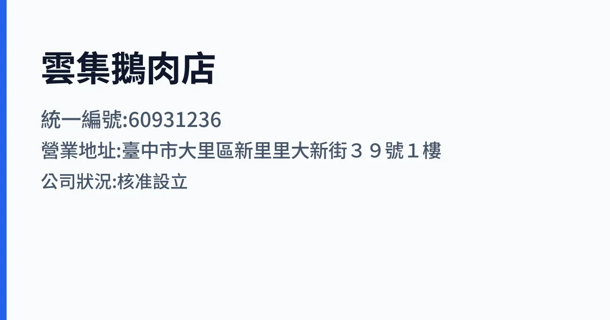 雲集鵝肉店 - 統編 60931236(臺中市) 公司登記資料與營業項目詳細圖表