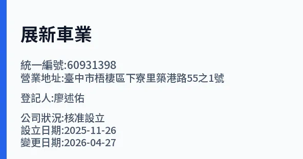 展新車業的照片-統編 60931398(臺中市) 公司登記資料與營業項目詳細圖表