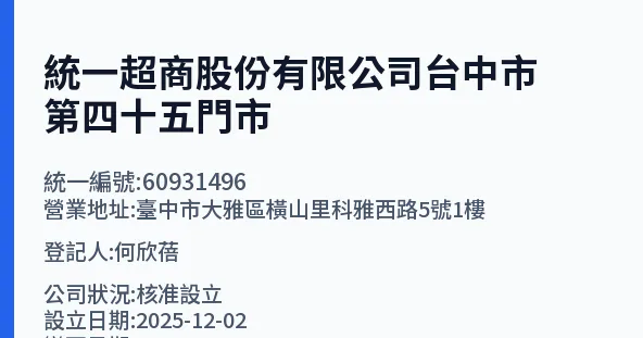 統一超商股份有限公司台中市第四十五門市的照片-統編 60931496(臺中市) 公司登記資料與營業項目詳細圖表