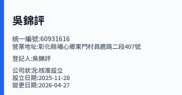 吳錦評的照片-統編 60931616(彰化縣) 公司登記資料與營業項目詳細圖表