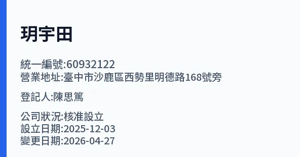 玥宇田的照片-統編 60932122(臺中市) 公司登記資料與營業項目詳細圖表