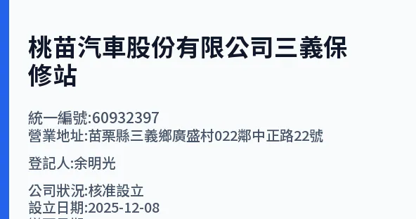 桃苗汽車股份有限公司三義保修站的照片-統編 60932397(苗栗縣) 公司登記資料與營業項目詳細圖表