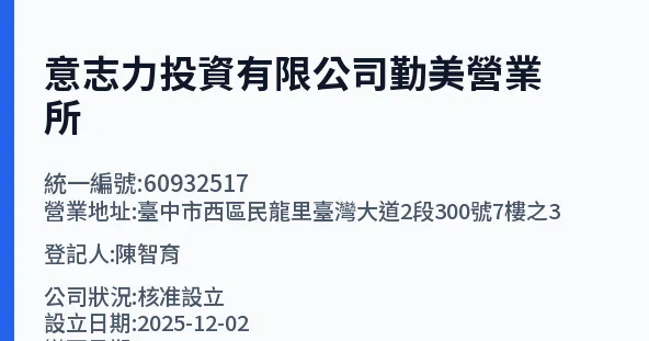 意志力投資有限公司勤美營業所的照片-統編 60932517(臺中市) 公司登記資料與營業項目詳細圖表