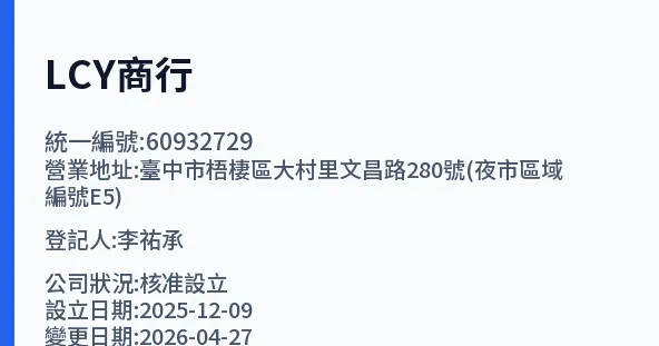 LCY商行的照片-統編 60932729(臺中市) 公司登記資料與營業項目詳細圖表