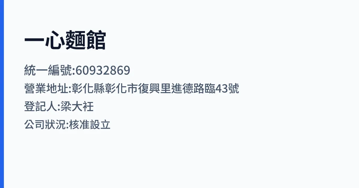 一心麵館 - 統編 60932869(彰化縣) 公司登記資料與營業項目詳細圖表