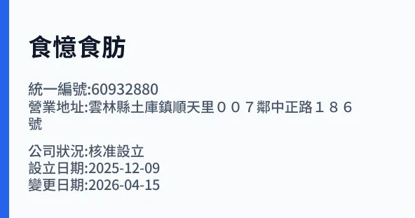 食憶食肪的照片-統編 60932880(雲林縣) 公司登記資料與營業項目詳細圖表