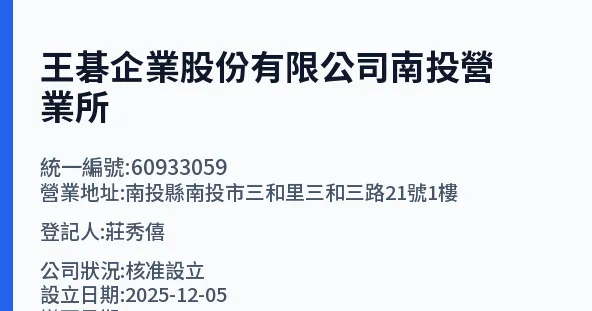 王碁企業股份有限公司南投營業所的照片-統編 60933059(南投縣) 公司登記資料與營業項目詳細圖表