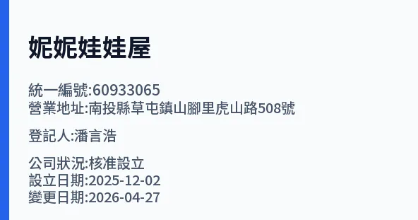 妮妮娃娃屋的照片-統編 60933065(南投縣) 公司登記資料與營業項目詳細圖表