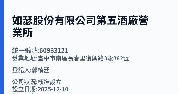 如瑟股份有限公司第五酒廠營業所的照片-統編 60933121(臺中市) 公司登記資料與營業項目詳細圖表