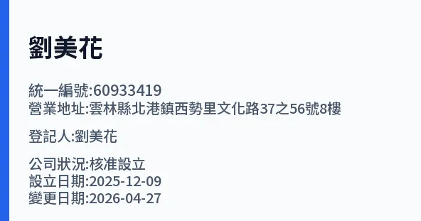 劉美花的照片-統編 60933419(雲林縣) 公司登記資料與營業項目詳細圖表