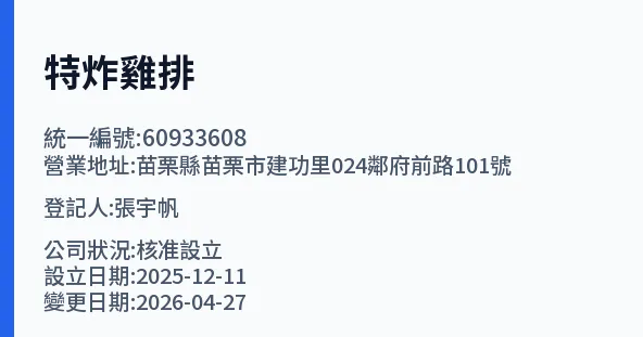 特炸雞排的照片-統編 60933608(苗栗縣) 公司登記資料與營業項目詳細圖表