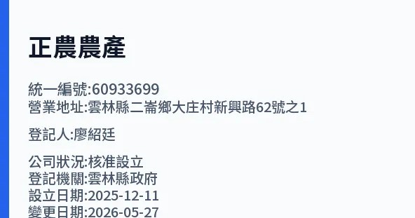 正農農產的照片-統編 60933699(雲林縣) 公司登記資料與營業項目詳細圖表