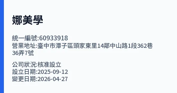 娜美學的照片-統編 60933918(臺中市) 公司登記資料與營業項目詳細圖表