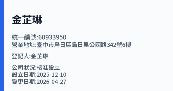 金芷琳的照片-統編 60933950(臺中市) 公司登記資料與營業項目詳細圖表